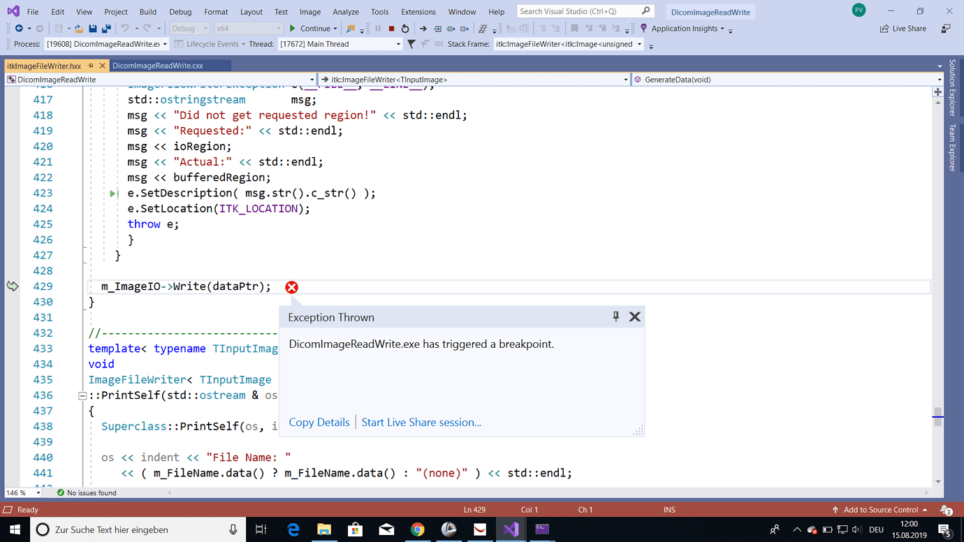 ITK error : GDCM could not read the DICOM image showing “DicomImageReadWrite.exe has triggered a ...